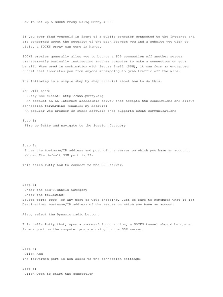 How To Set Up A SOCKS Proxy Using Putty & SSH | PDF | Proxy Server | Port (Computer Networking)