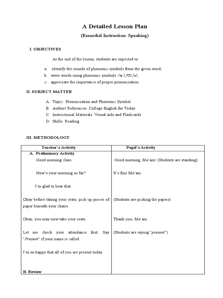 A Detailed Lesson Plan: (Remedial Instruction: Speaking) | PDF ...