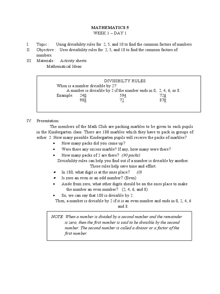 Math 5 Activity Sheets Q1 W1 | PDF | Division (Mathematics) | Discrete ...