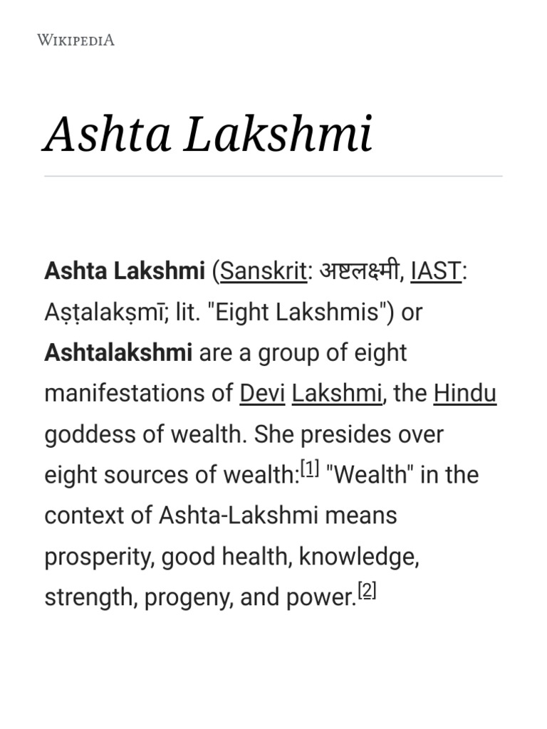 Ashta Lakshmi - Wikipedia | PDF | Hindu Mythology | Hindu Iconography