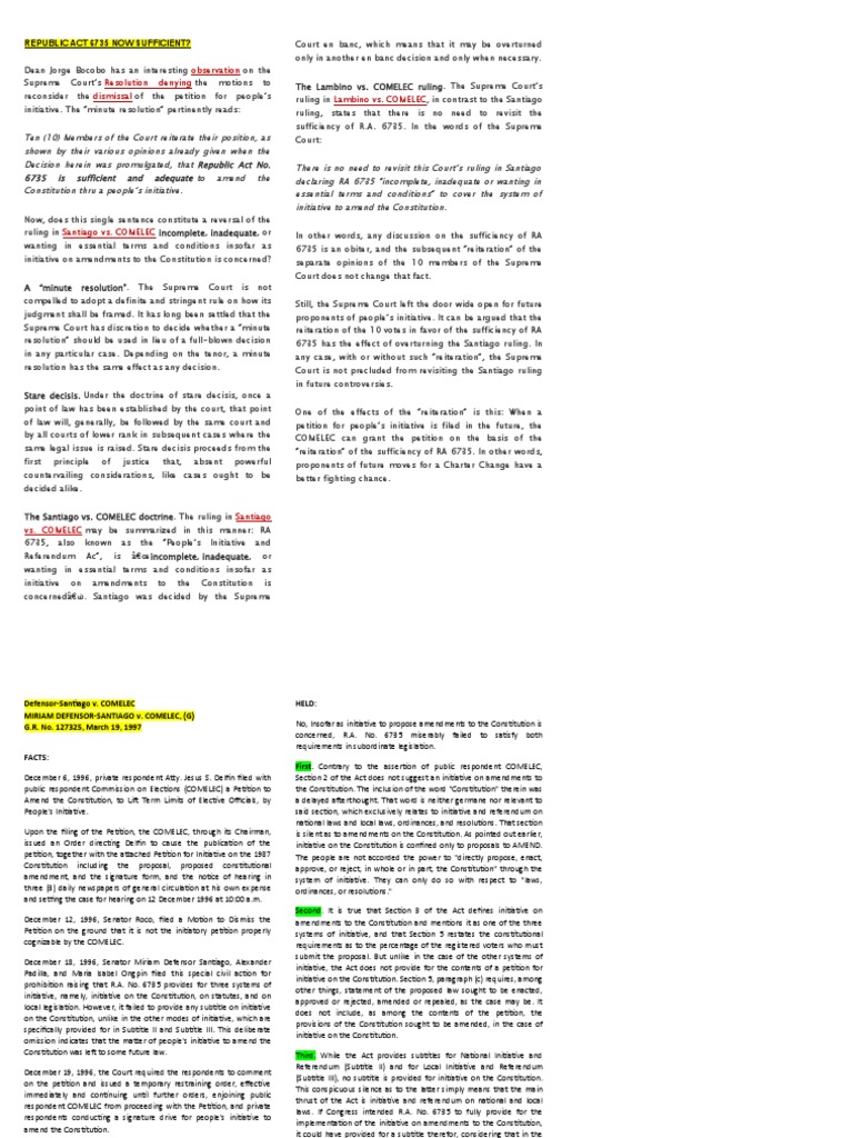 RA 6735 (LAMBINO and SANTIAGO Rulings) | Download Free PDF | Initiative ...