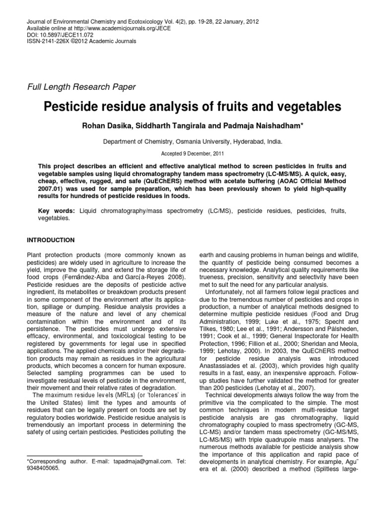 Pesticide Residue Analysis of Fruits and Vegetables: Full Length Research Paper | PDF | Liquid ...
