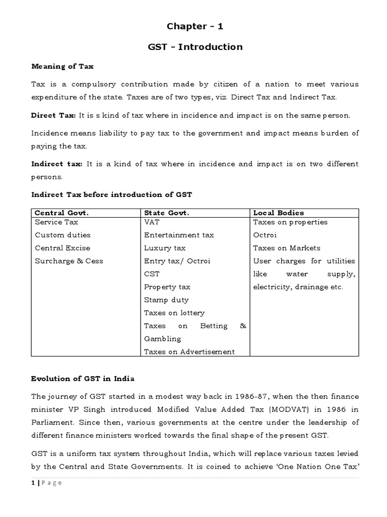 Chapter - 1 GST - Introduction | PDF | Value Added Tax | Taxes