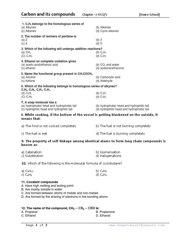 Class 10 MCQs on Carbon Compounds | PDF | Alkene | Hydrophile