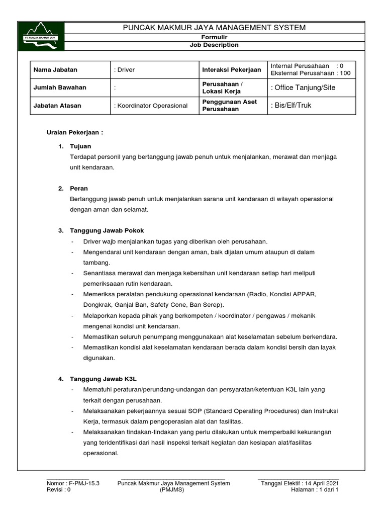 F-PMJ-15.3 Form Job Description - Driver - PT PMJ | PDF | Teknologi ...