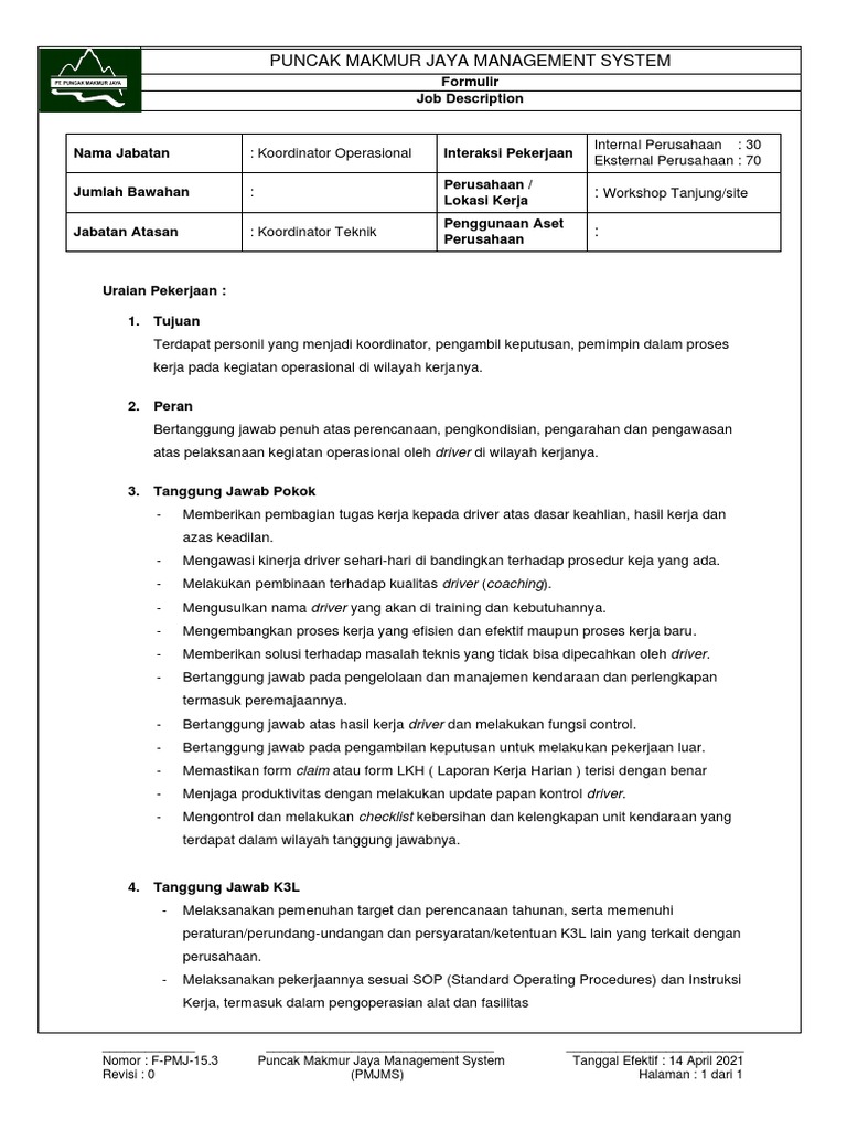 F-PMJ-15.3 Form Job Description - Koordinator Operasional - PT PMJ | PDF