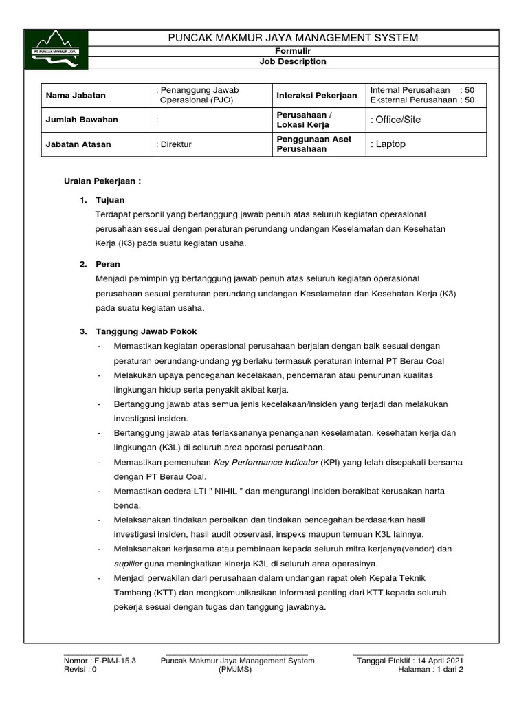 F-PMJ-15.3 Form Job Description - Penanggung Jawab Opasional (PJO) - PT ...