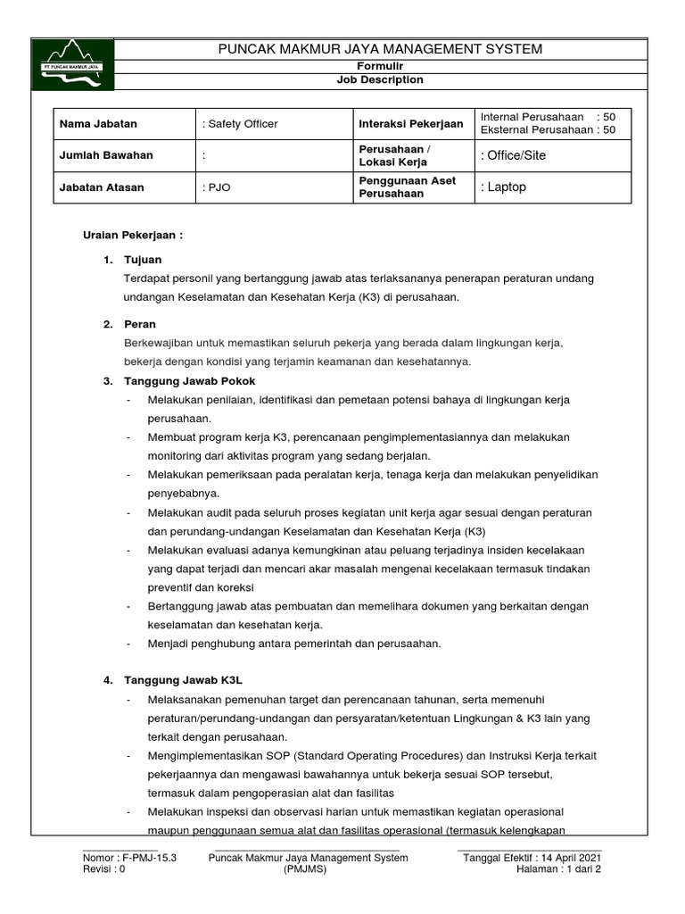 F-PMJ-15.3 Form Job Description - Safety Officer - PT PMJ | PDF