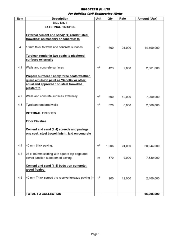 FINISHING Sample Bill of Quantities | Download Free PDF | Architectural ...