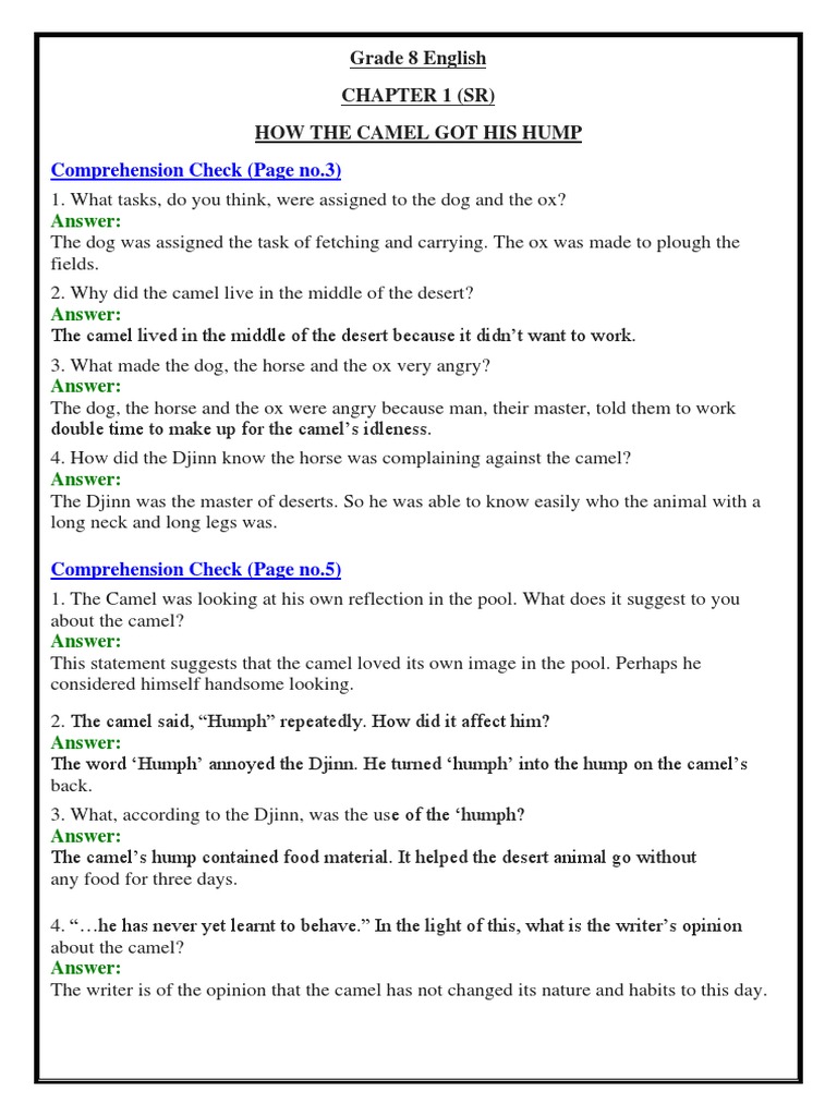 Grade 8 English CHAPTER 1 SR QUESTION AND ANSWER | PDF | Camel