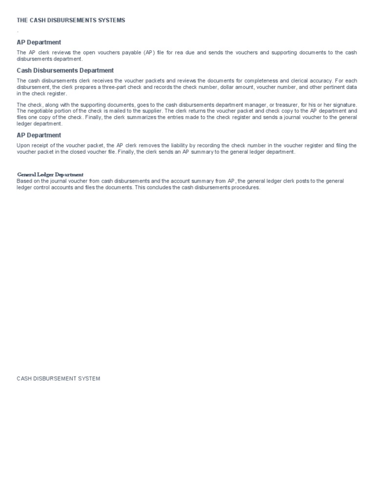 The Cash Disbursements Systems | PDF | Voucher | Service Industries