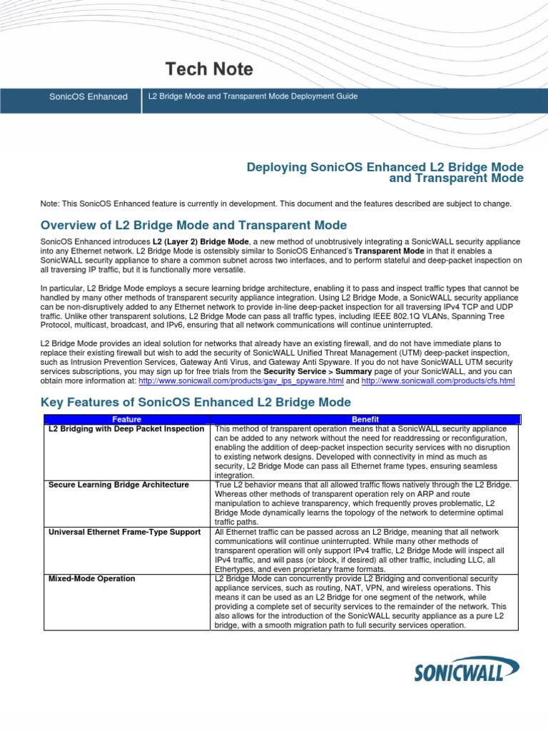 Deploying Sonicos Enhanced L2 Bridge Mode and Transparent Mode | Download Free PDF | Ip Address ...