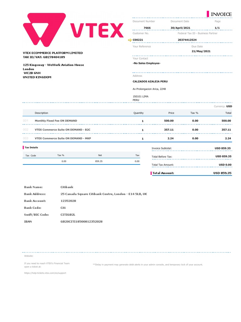 Factura Vtex Abril 2021 | PDF | Invoice | United States Dollar