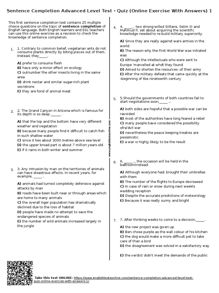 Sentence Completion Advanced Level Test - Quiz (Online Exercise With ...