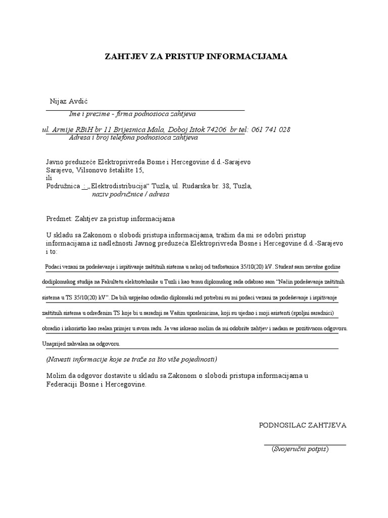 Zahtjev Za Pristup Informacijama | PDF