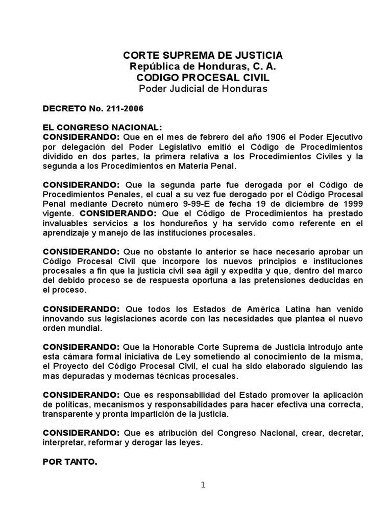 Codigo Procesal Civil HN | Competencia (ley) | Ley procesal