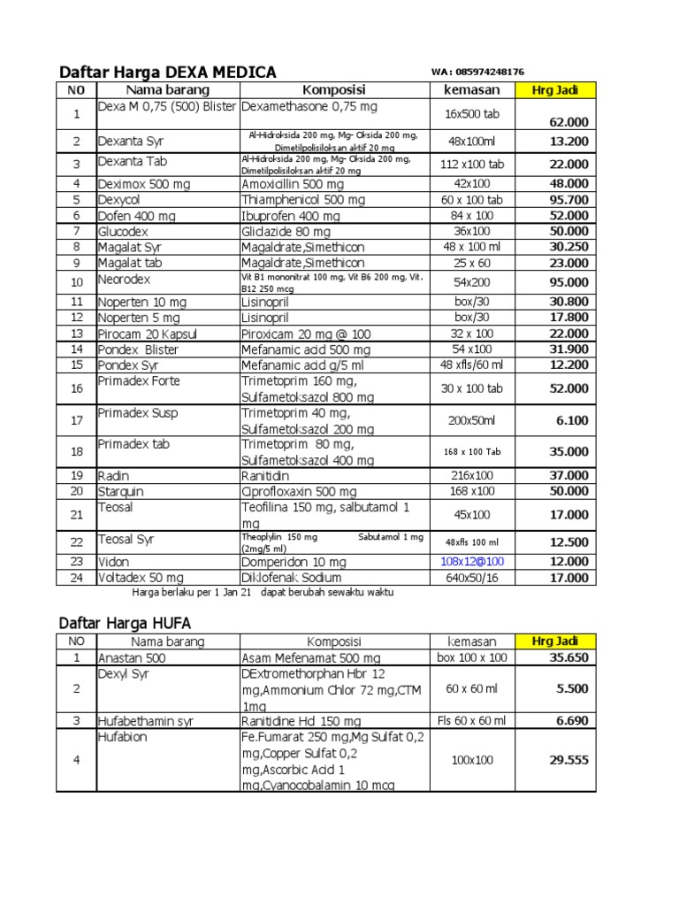 Daftar Harga DEXA MEDICA: Nama Barang Komposisi Kemasan | PDF ...