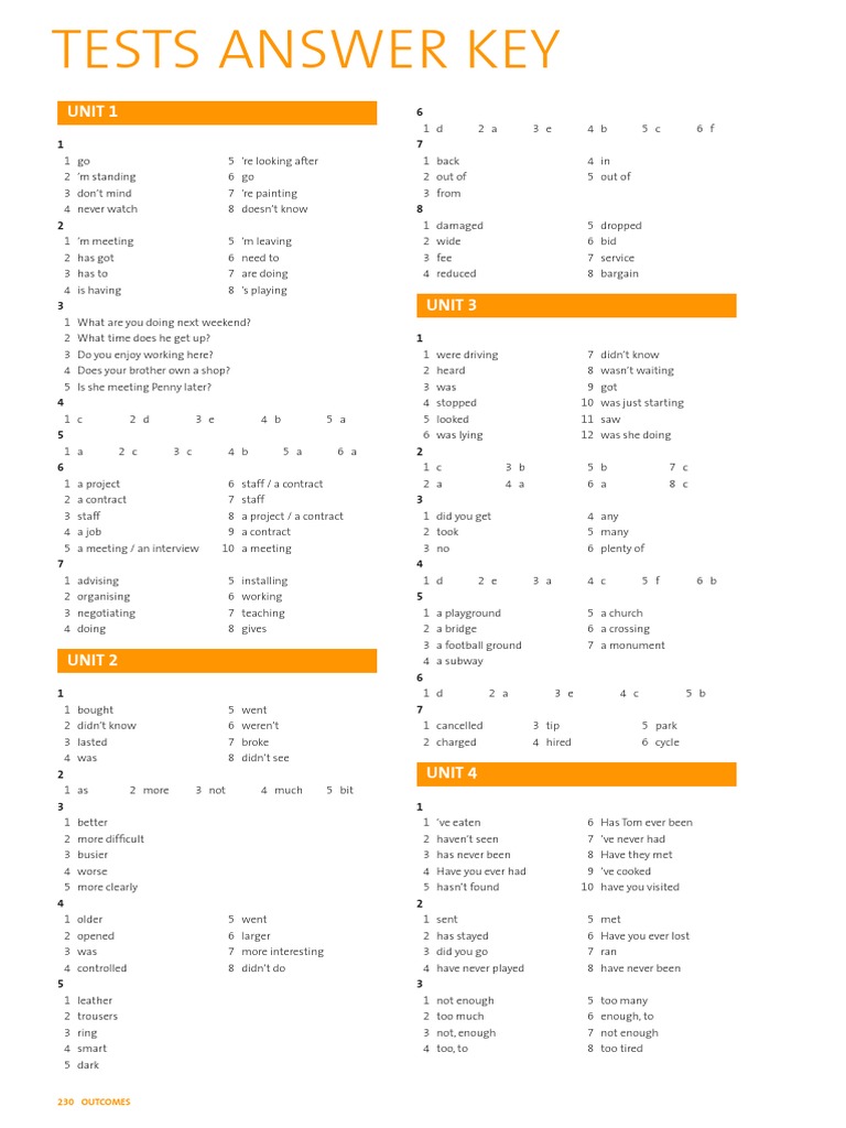 Outcomes Pre-Intermediate Answer Key Tests & Audioscripts | PDF