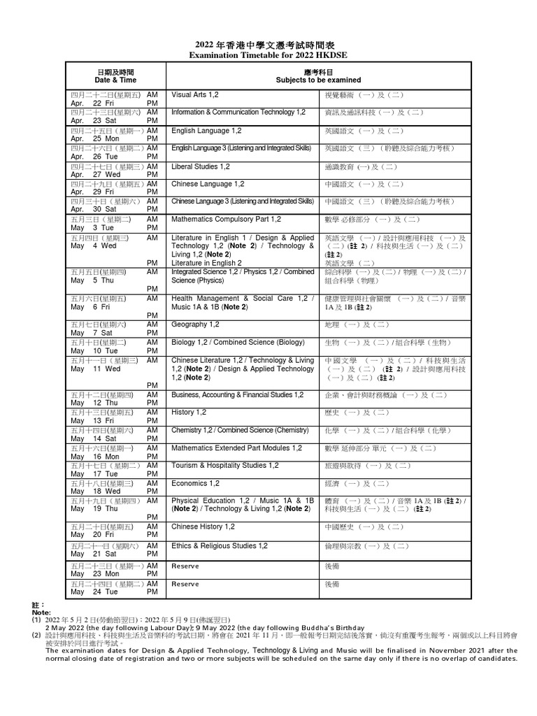 2022 DSE Timetable | PDF