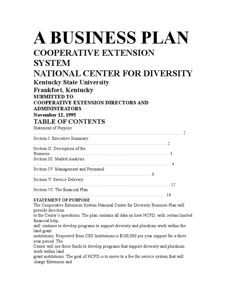 A Business Plan: Cooperative Extension System National Center For Diversity | PDF ...