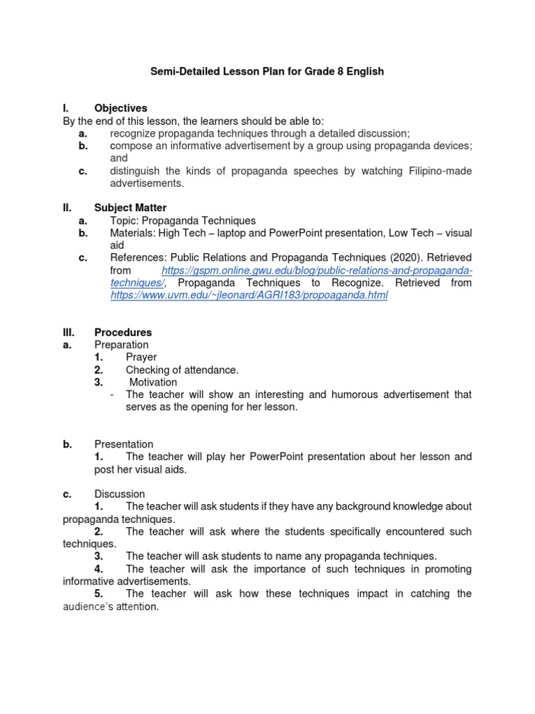 Semi-Detailed Lesson Plan For Grade 8 English: Techniques | Download ...