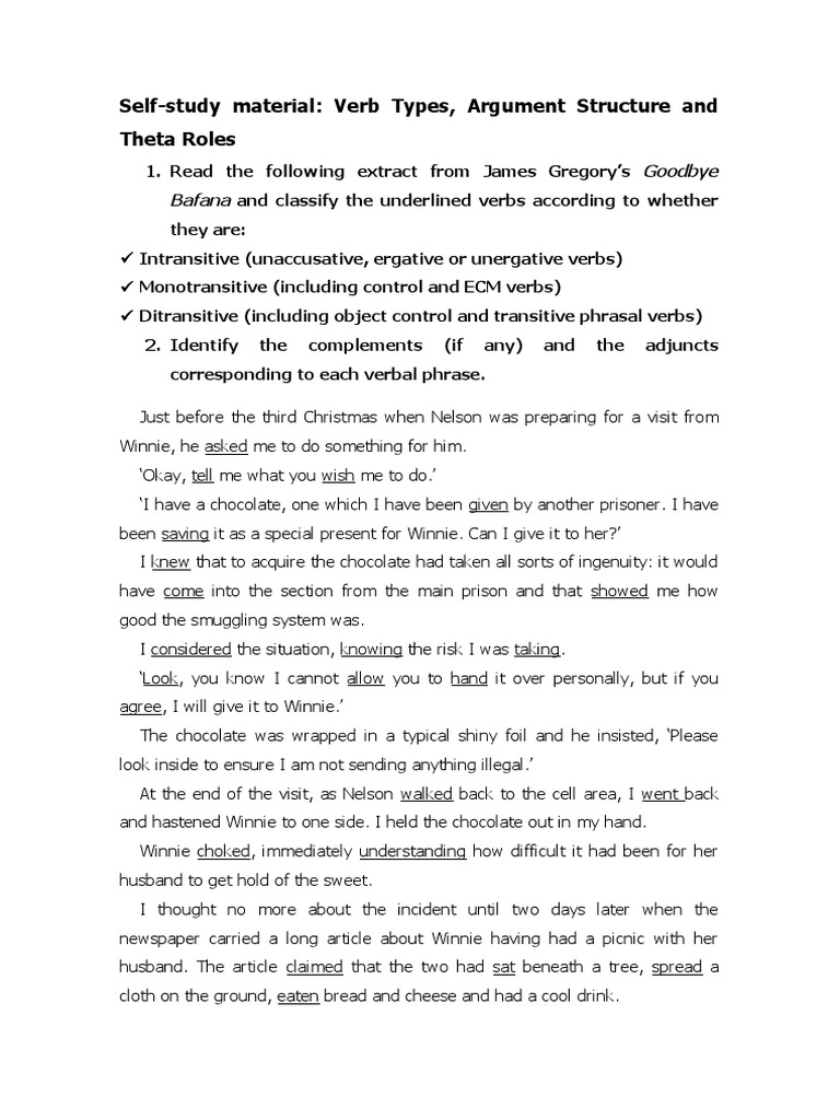 Verb Types Argument Structure and Theta Roles Self-Study Material | PDF