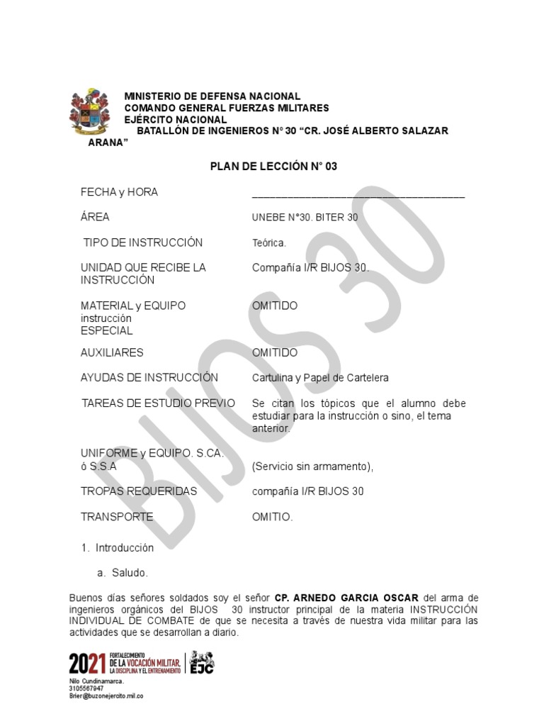 Plan de Leccion 3 Instruccion Individual de Combate | Descargar gratis PDF | Sonido | Naturaleza