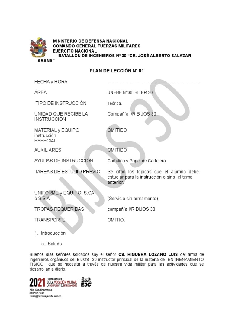 Plan de Leccion 1 Entrenamiento Fisico | PDF | Militar | Agitación