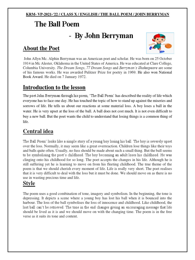 The Ball Poem - Summary + Worksheet | PDF | Poetry