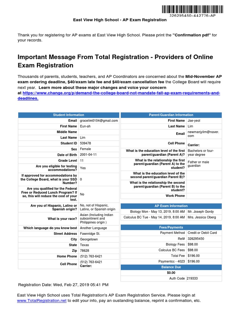 AP Exam Registration Confirmation326295450 1551310897 | PDF | Test ...
