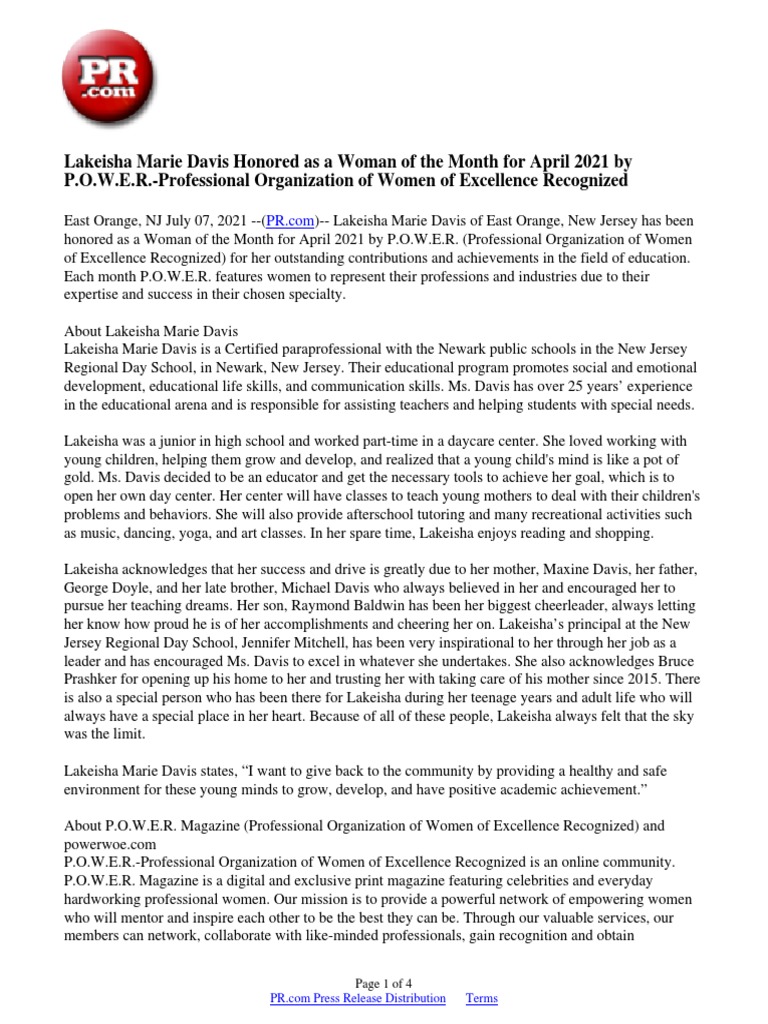 Lakeisha Marie Davis Honored As A Woman of The Month For April 2021 by ...