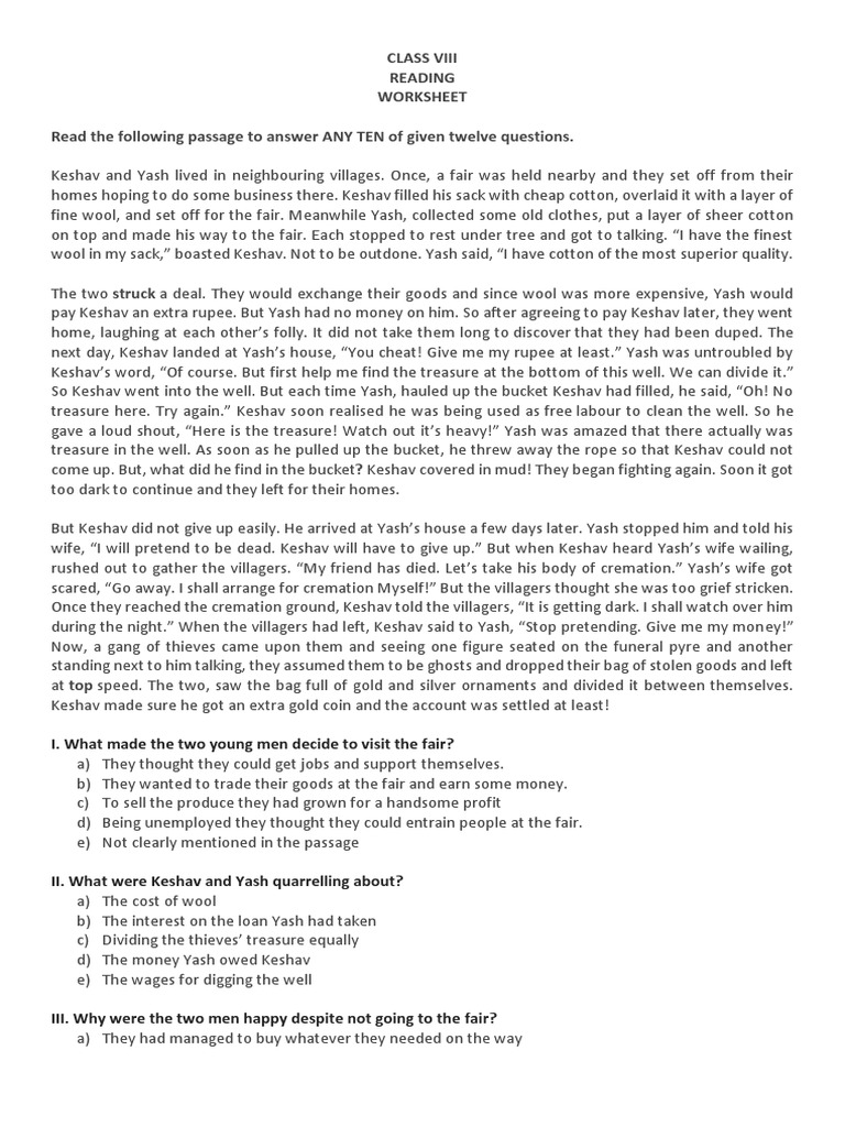 Class Viii Reading Worksheet Read The Following Passage To Answer ANY ...