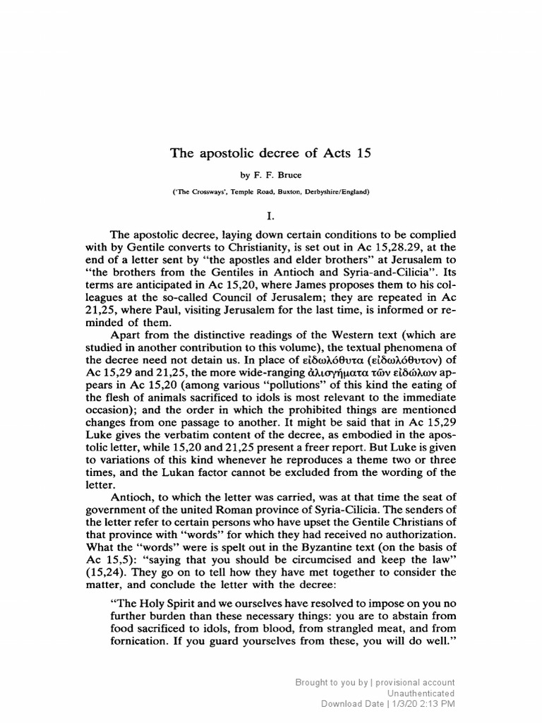 Bruce - 1986 - The Apostolic Decree of Acts 15 | PDF | Paul The Apostle ...