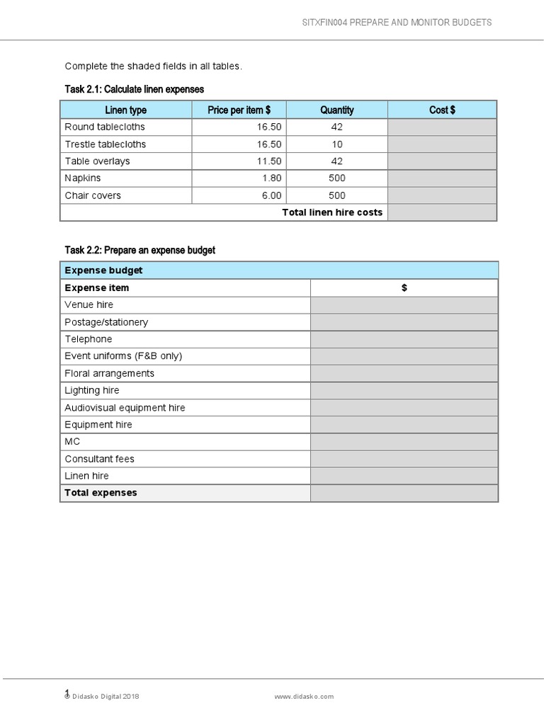 Task 2.1: Calculate Linen Expenses Linen Type Price Per Item $ Quantity ...