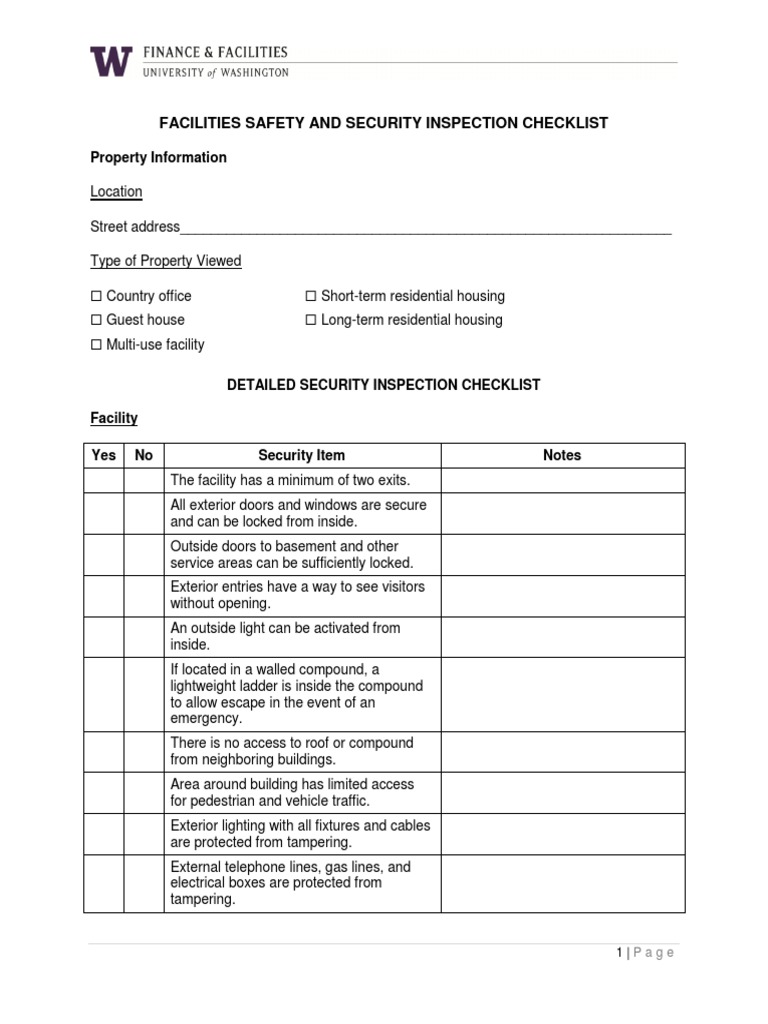 Facility Safety & Security Checklist | PDF | Door | Window
