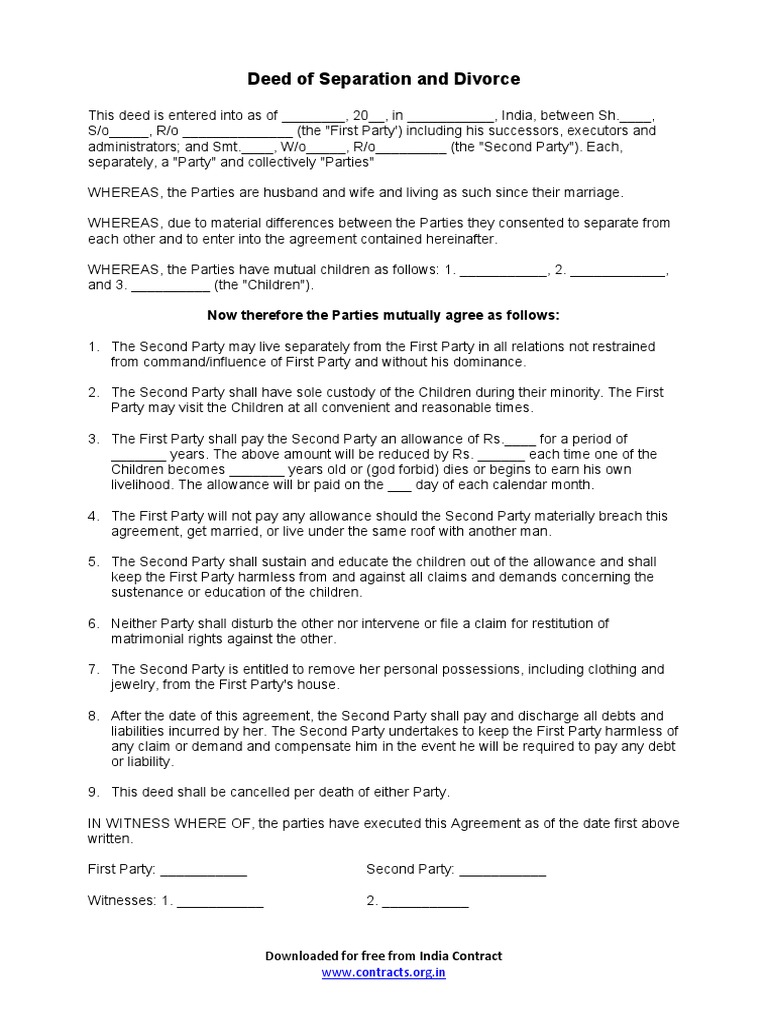 Deed of Separation Agreement Template | PDF | Marriage | Divorce