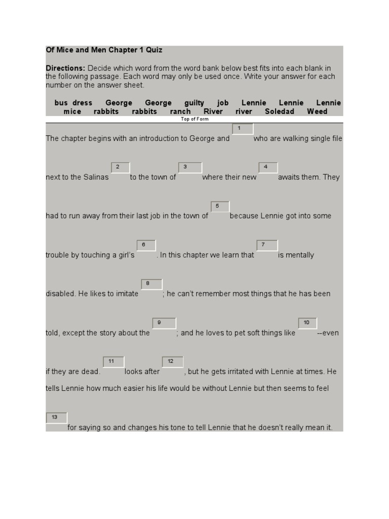 Of Mice and Men Chapter 1 and 2 Quiz | PDF