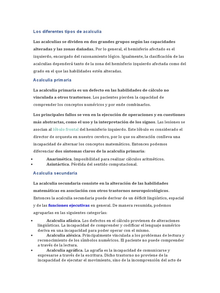 Tipos y diagnóstico de acalculia | PDF | Afasia | Trastorno mental