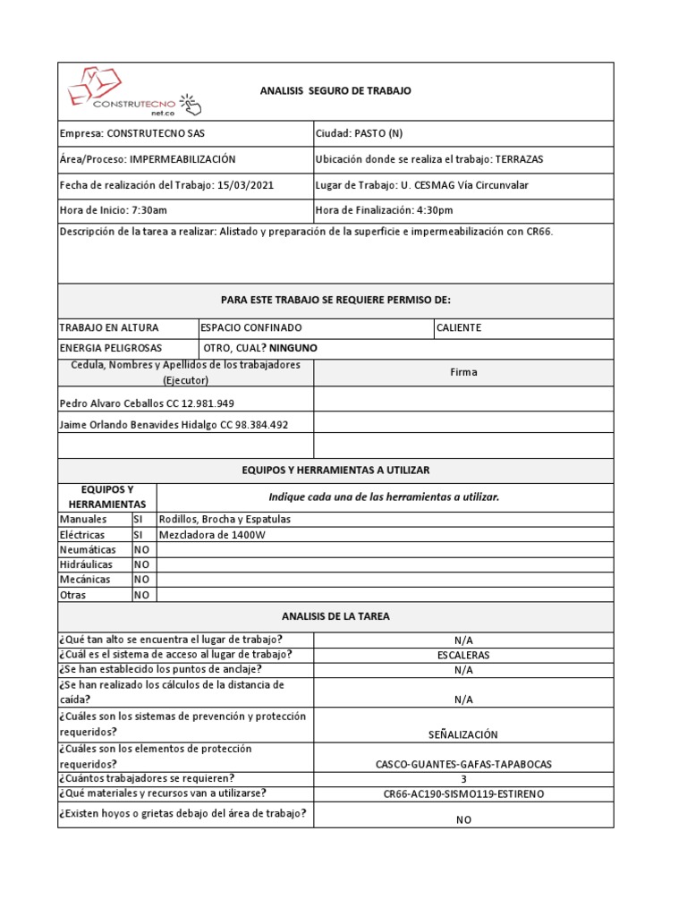 Formato AST 02 SGSST Construtecno Analisis Seguro de Trabajo | PDF ...
