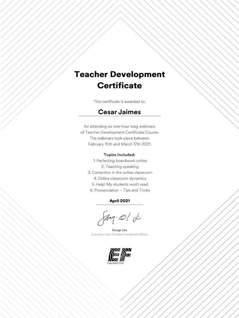 EF Teacher Development Course Certificate | PDF