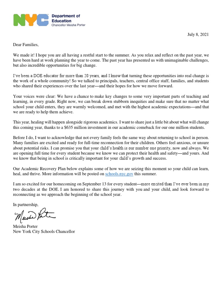 NYC Schools Chancellor Porter's Letter To Families, July 8, 2021 | PDF ...