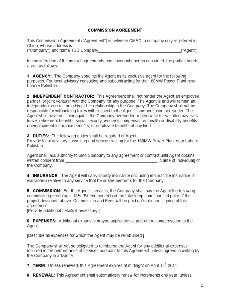 Commission Agreement for Power Plant Agent | PDF | Insurance | Employment