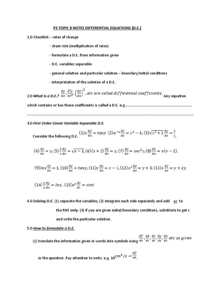 P3 Topic 8 Notes Differential Equations | PDF | Differential Equations ...