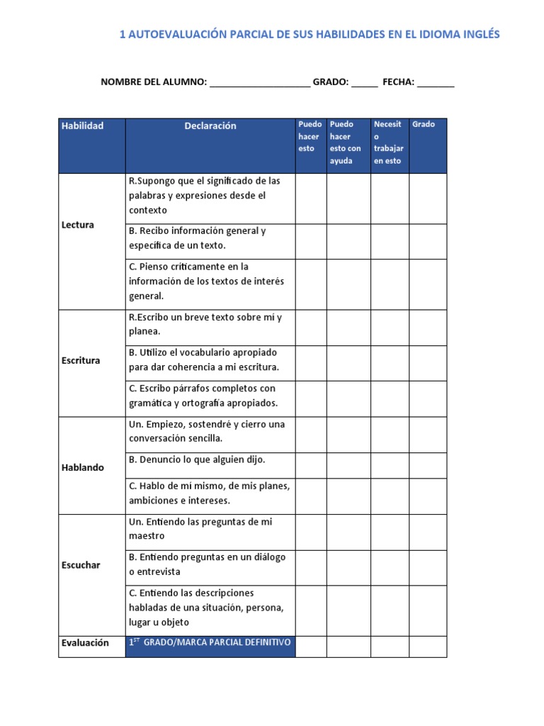 Autoevaluación de Habilidades en Inglés | PDF | Crecimiento personal y ...