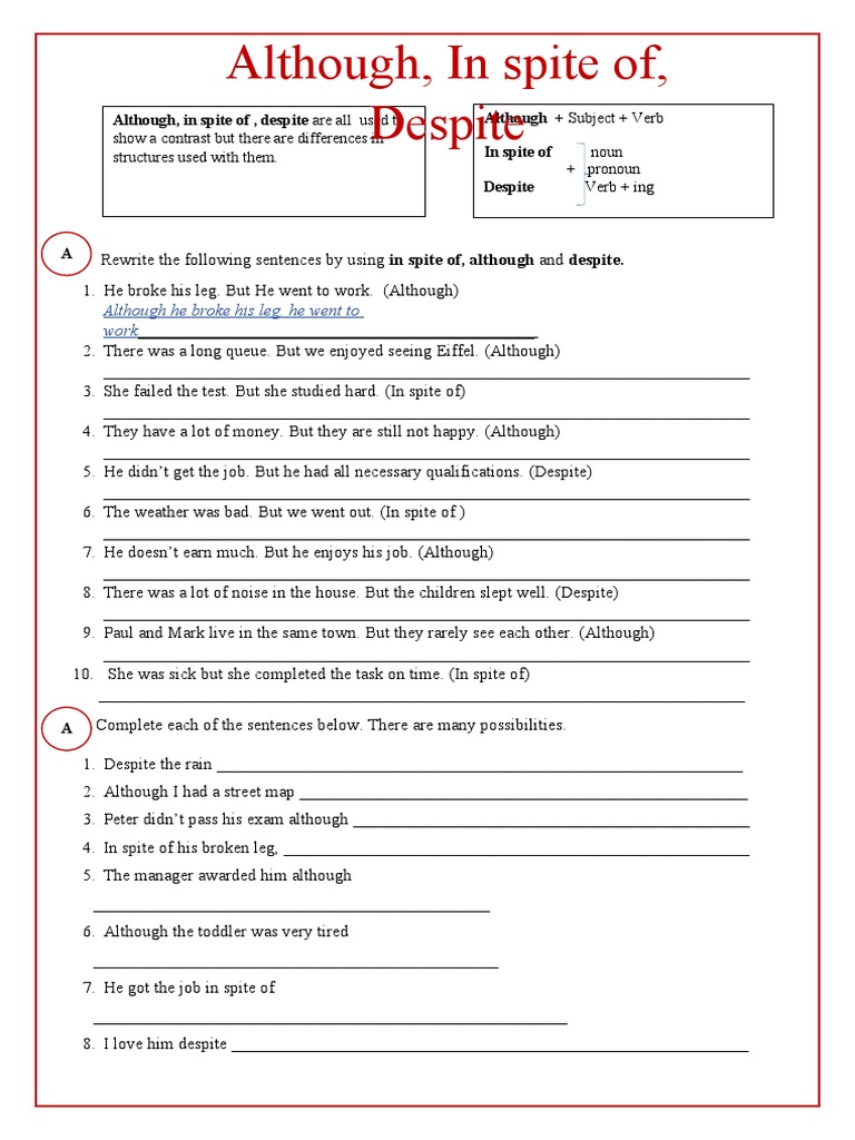 Exercises on Although and Despite | PDF | Verb | Linguistic Morphology