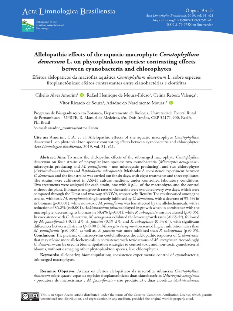 Allelopathic Effects of The Aquatic Macrophyte Ceratophyllum L. On Phytoplankton Species ...