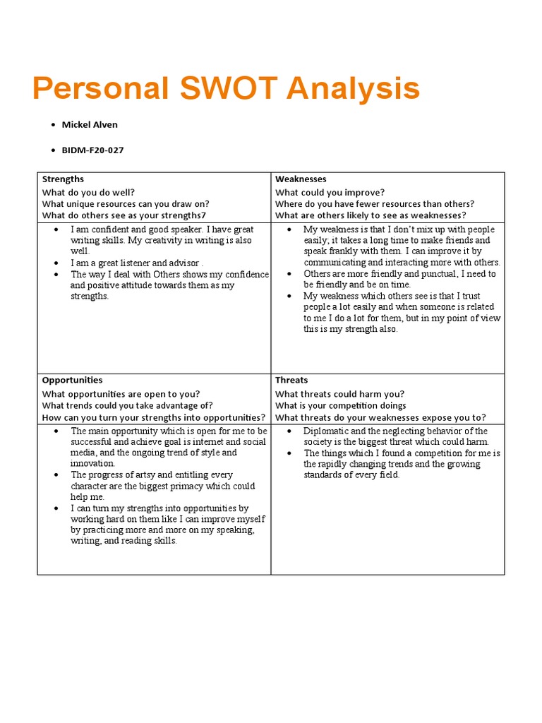 Personal SWOT Analysis: Strengths Weaknesses | PDF | Swot Analysis ...