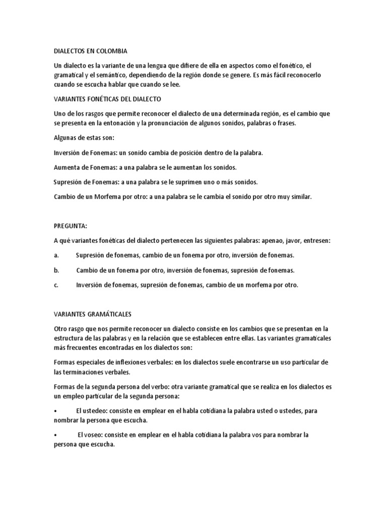 Dialectos en Colombia | PDF | Fonema | Palabra