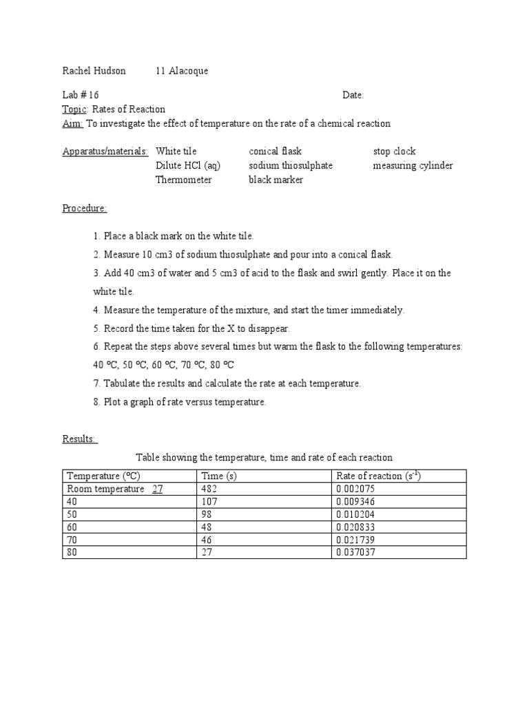 Rates of Reaction Lab | PDF | Reaction Rate | Temperature