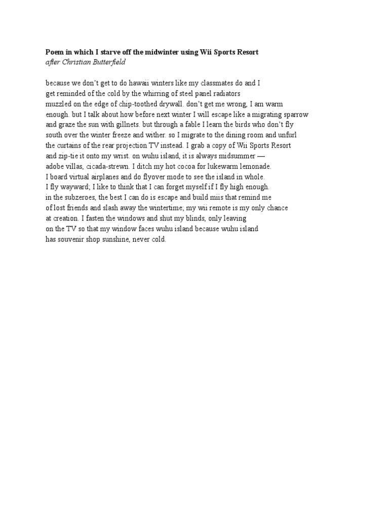 Poem in Which I Starve Off The Midwinter Using Wii Sports Resort:Patch ...